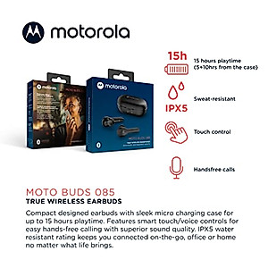 Motorola Moto Buds 085 - True Wireless Bluetooth Earbuds with Microphone and USB-C Charging Case - IPX5 Water Resistant, Smart Touch-Control, Lightweight Comfort-Fit, Clear Sound & Deep Bass - Black
