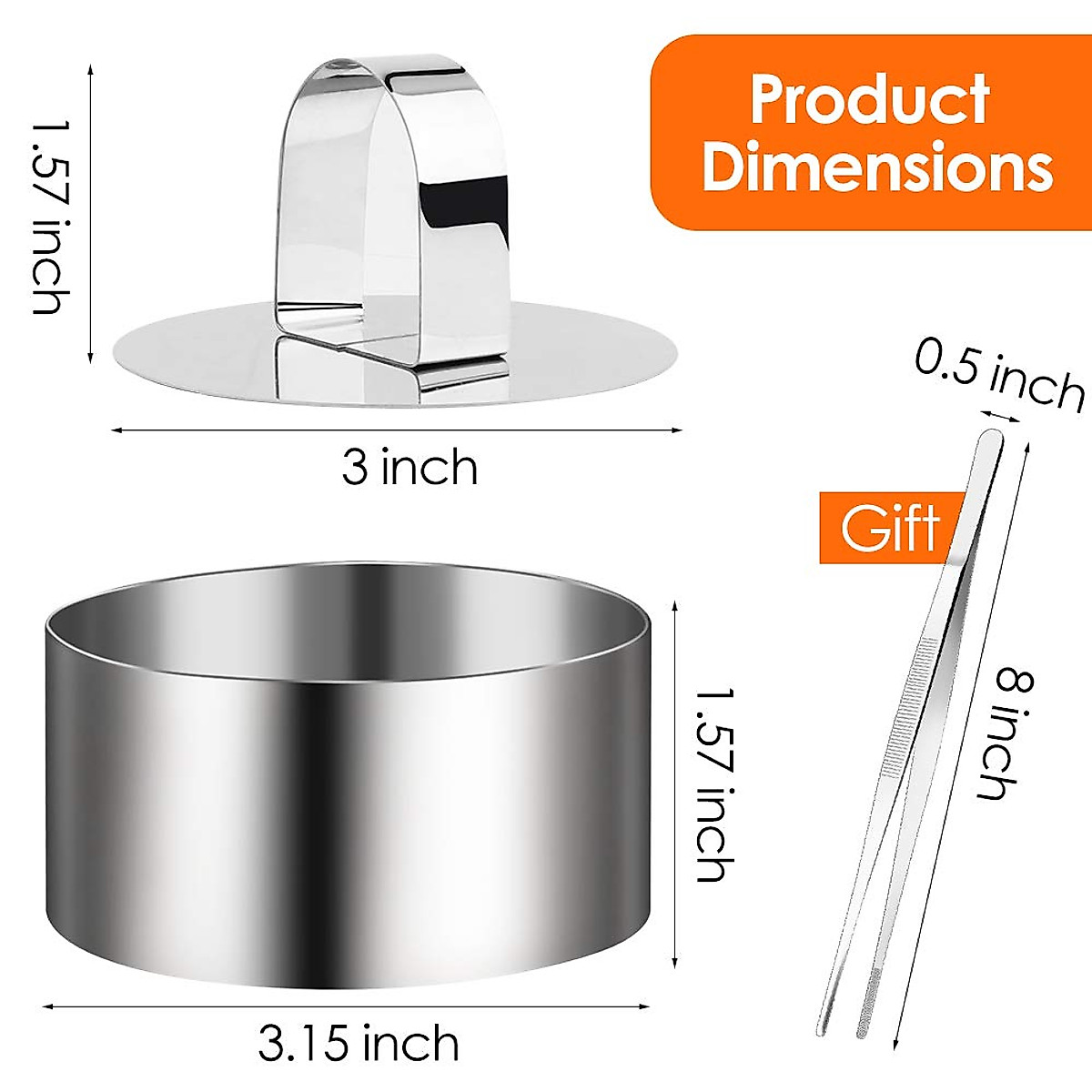Gutsdoor 4 Pack Food Presentation Rings Stainless Steel Cake Rings Mold Small Baking Round Cooking Rings for Pastry, Cake, Mousse, Pancake - 4 Pushers+1 tweezer, 3.15 Inches Diameter