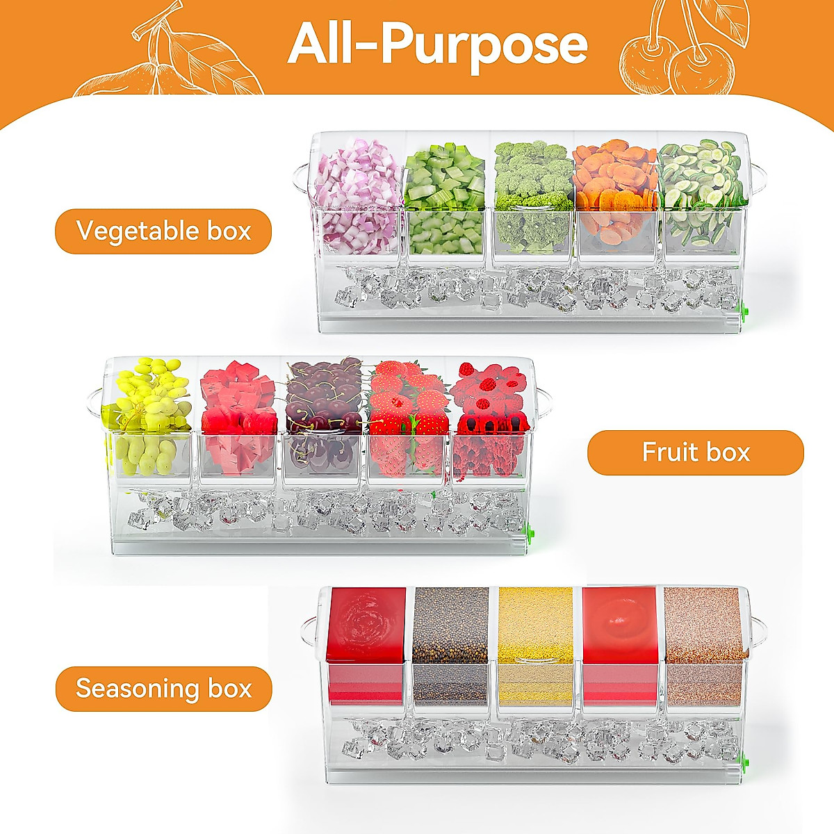 Dimber Chilled Condiment Server with Lid, Condiment Tray with Ice cube, 500 Forks, 2 Tongs and 6 Spoons,Condiment Caddy, Condiment Containers with Lids, Perfect for Salad Bar, Mimosa Bar, Fruit Tray