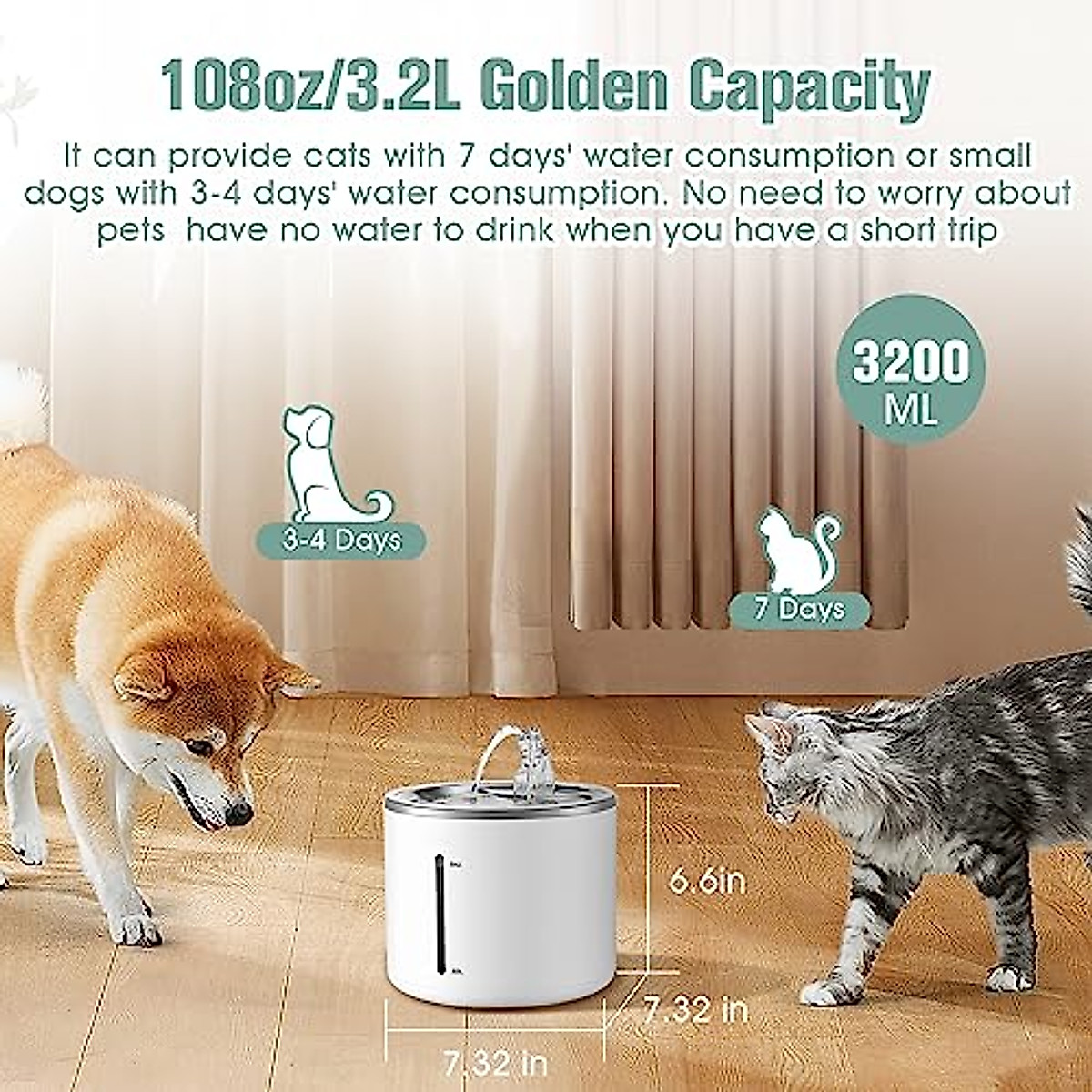 Cat Water Fountain, 108oz/3.2L Cat Fountain with Stainless Steel Tray, Ultra Quiet Pet Water Fountain for Cats Inside with Triple Filtration Cat Fountain Water Bowl, for Cats, Small Dogs