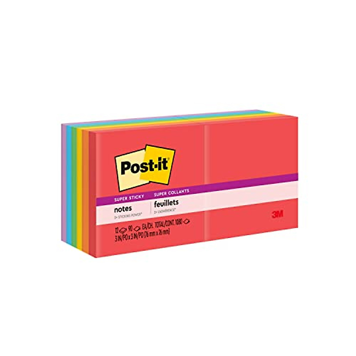 Post-it Super Sticky Notes, 3x3 in, 12 Pads, 2x the Sticking Power, Assorted Bright Colors, Recyclable (654-15SSMULTI2)