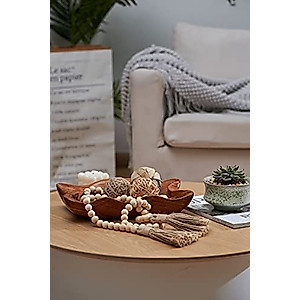 Wavy Live Edge Wooden Bowls for Decor+Wood Beads Garland, Handmade Key Bowl For Entryway Table Decor, Wood Bowls Decorative Wooden Fruit Bowl, Hand Carved Root Centerpiece Display Potpourri Wood Bowl