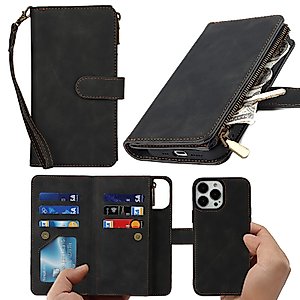 Ｈａｖａｙａ for iPhone 13 Wallet Case with Card Holder Wallet iPhone 13 case Detachable,for iPhone 13 Phone case Flip Folio Zipper Wallet case with Credit Card Slots for Women Men-Black