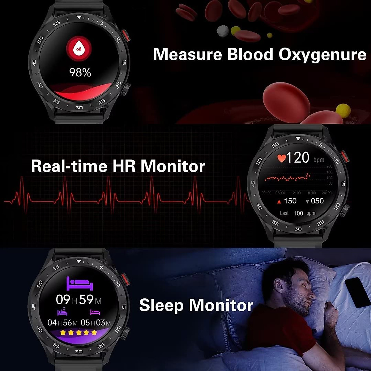 BRIBEJAT BT2 Pro Smart Watch for Men Compatible with Samsung iPhone Android Phones (Dial/Answer Call) Built-in Music Player, Voice Assistant, Real-time Heart Rate & Sleep Monitor, Black