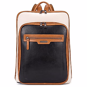 CLUCI Leather Laptop Backpack for Women 15.6 inch Computer Backpack Travel Business Work Large Daypack Off-white with brown and black