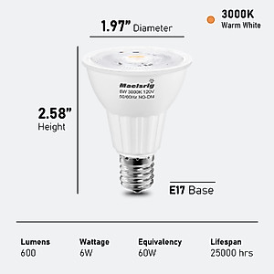 Maelsrlg E17 LED Bulb 6W(60 Watt Equivalent), Intermediate Base Spotlight Bulb, Warm White 3000K, E17 Reflector R14 Bulb for Curio Cabinet, Non-Dimmable, Pack of 2