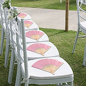 Bememo Hand Held Fans Silk Bamboo Folding Fans Handheld Folded Fan for Church Wedding Gift, Party Favors, DIY Decoration (12 Pack, Pink)