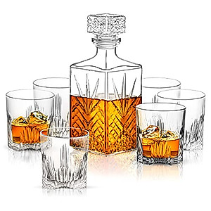 Paksh Novelty Whiskey Decanter Set - 7-Piece Italian Crafted Glass Decanter & Whiskey Glasses Set - Holiday Whiskey Gifts for Men and Women w/ Ornate Stopper and 6 Cocktail Glasses, Red