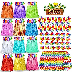 60 Pcs Hawaiian Luau Hula Skirts Decorations , Hawaiian Grass Skirts Leis Necklaces Bracelets for Tropical Beach Party Holiday Party Favor Decorations Tropical Themed Party Dance,Festive Occasions