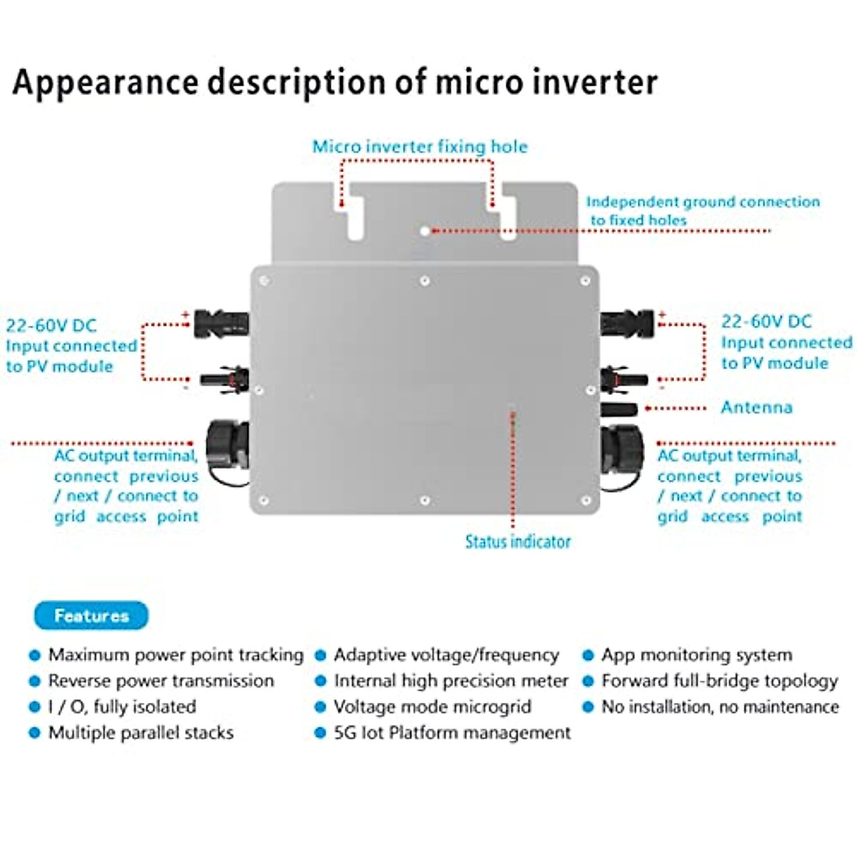 700W Micro Inverter Solar Grid Tie Microinverter IP65 WiFi Control Self Cooling 120/230V Automatic Identification Power Inverters