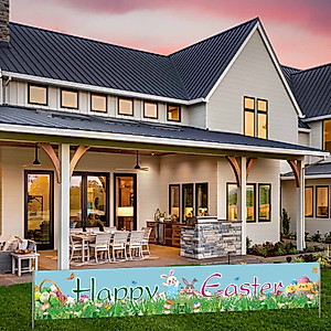 Happy Easter Banner Spring Easter Bunny Easter Eggs Decor Banner Outdoor & Indoor Yard Fence Garden Sign Hanging Door Banner 118" x 20"