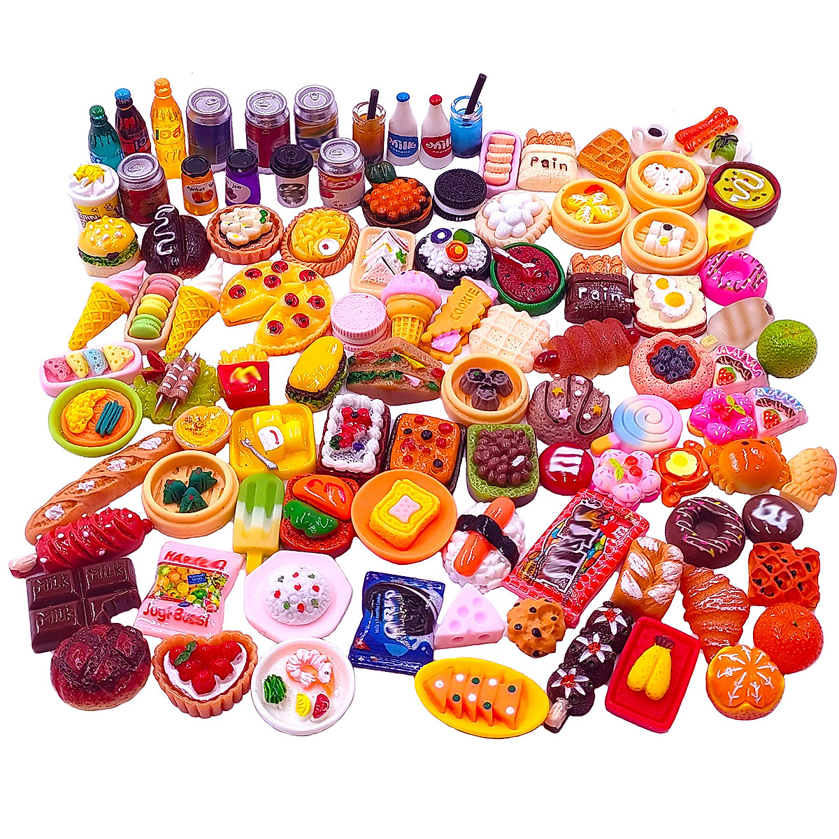 100pcs Miniature Food Drinks Bottle Toys Dollhouse Mixed Resin Accessories for Adults Kids Kitchen Accessories for Pretend Play (Hamburger, Pizza,Cake,Ice Cream,Bread)