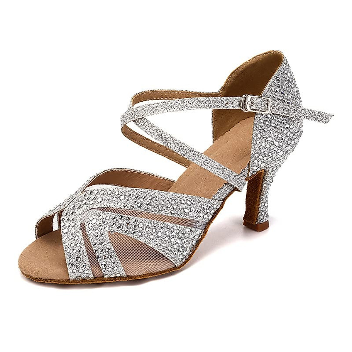 AOQUNFS Women Ballroom Dance Shoes Latin Salsa Practice Performance Shoes,1025,Silver-6, US 9.5
