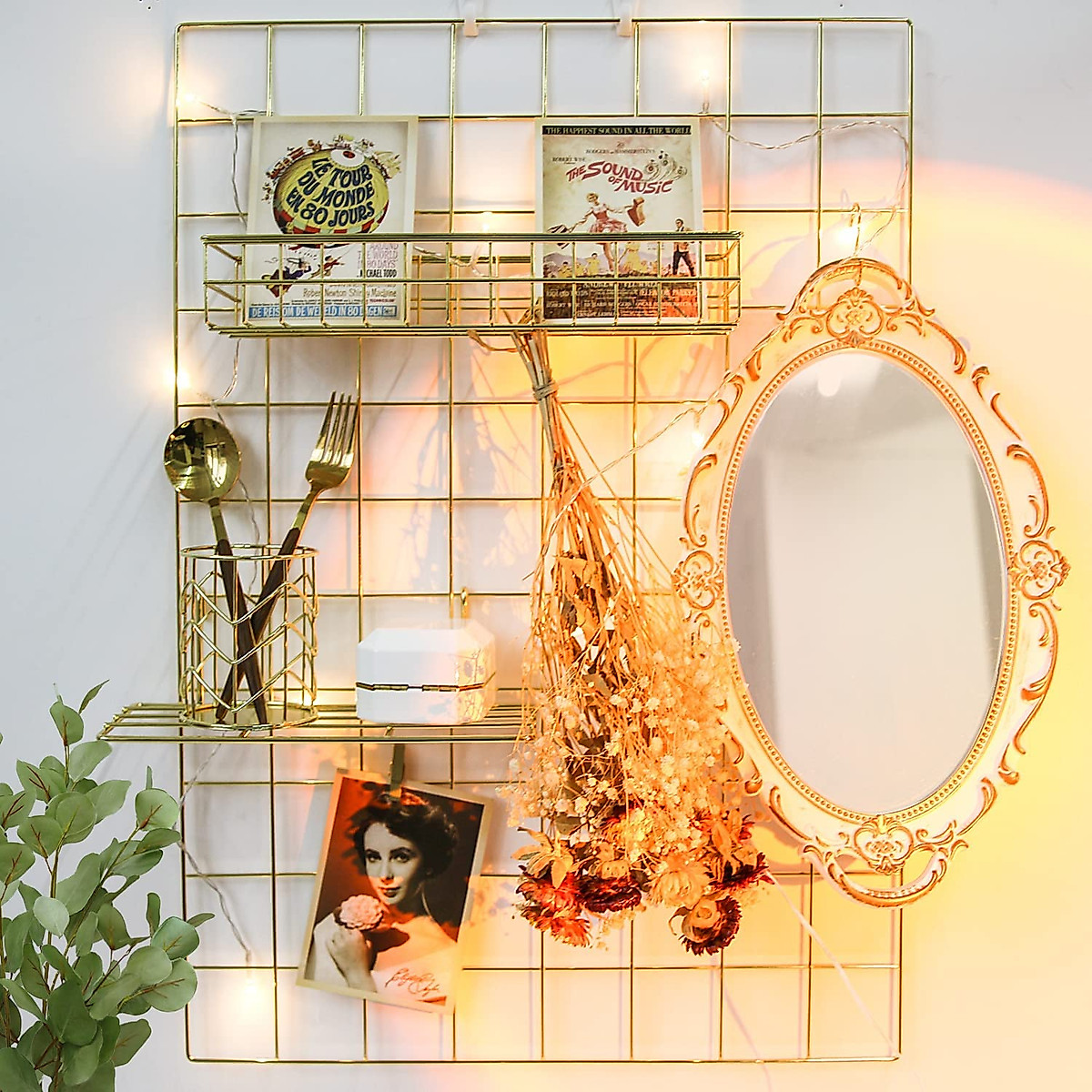 BULYZER Grid Wire Board,for Memo Picture Panel Wall Decoration for Room Office Mat Photo Hanging Art Display Frames Desk Storage Organizer,17.3" x 11.8"(2Pack) (Gold)