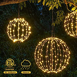 Christmas Ball Light Sphere, 10IN 48LED Hanging Tree Light and Pathway Lights with Hook and Stake, Foldable Metal Frame Light Ball for Outdoor Garden, UL Listed, Brown Frame, Warm White
