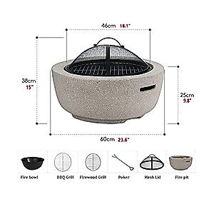 LEAYAN Garden Fire Pit Grill Bowl Grill Barbecue Rack Outdoor Fire Pit Garden Wood Burning Fire Pit BBQ Grill Table - 23“, Outdoor Wood Burning Fire Bowl with Spark Screen Cover and Poker