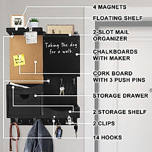 HEKOOLA Key Holder Wall Mount Mail Organizer Key and Mail Holder for Wall Key Hooks with Shelf, Drawer, Chalkboard, Corkboard, Key Hanger Mail Organizer Wall Mounted for Room Entryway (Black)