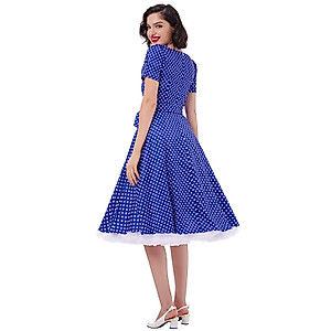 Women Vintage 50s 1950s Dress Square Neck A-line Polka Dot Rockabilly Swing Evening Party Cocktail Dresses Blue M