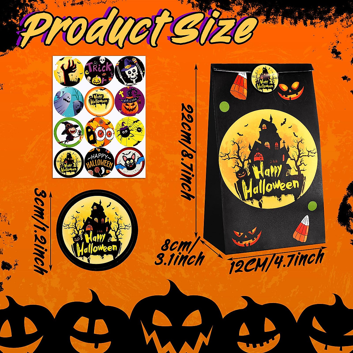 Qilery Halloween Party Favors for Kids with 96 Pieces Halloween Candy Bags Trick or Treat Bulk Halloween Goodie Bags and 96 Pcs Halloween Stickers for Party Supplies Gifts, 12 Styles(Scary Style)