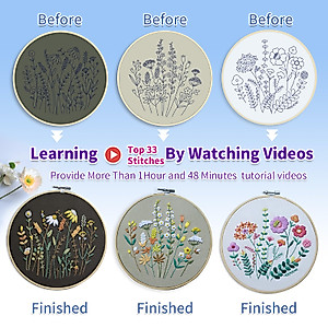 ETSPIL 3 Pack Beginner Embroidery Kits for Adults, DIY Starter Set with Stamped Flower Designs, Embroidery Hoop, Colorful Threads, Tools, Step-by-Step Instructions & Video Tutorial
