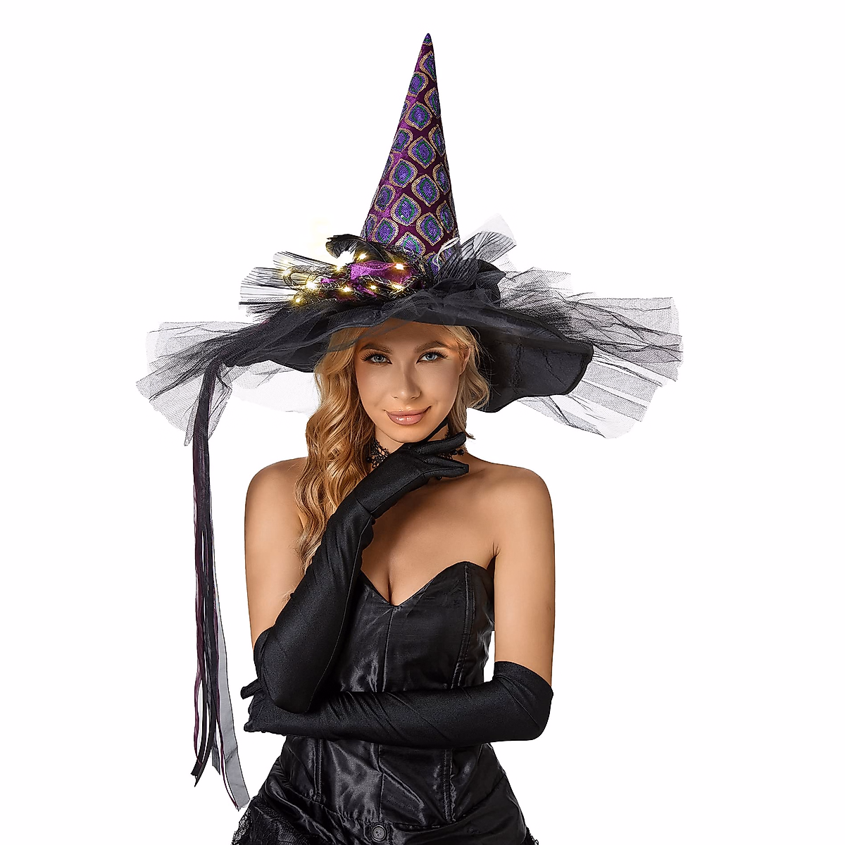 QinYing Purple Halloween Costume Witch Hats for Women Steeple Top with LED Lights for Party Purple