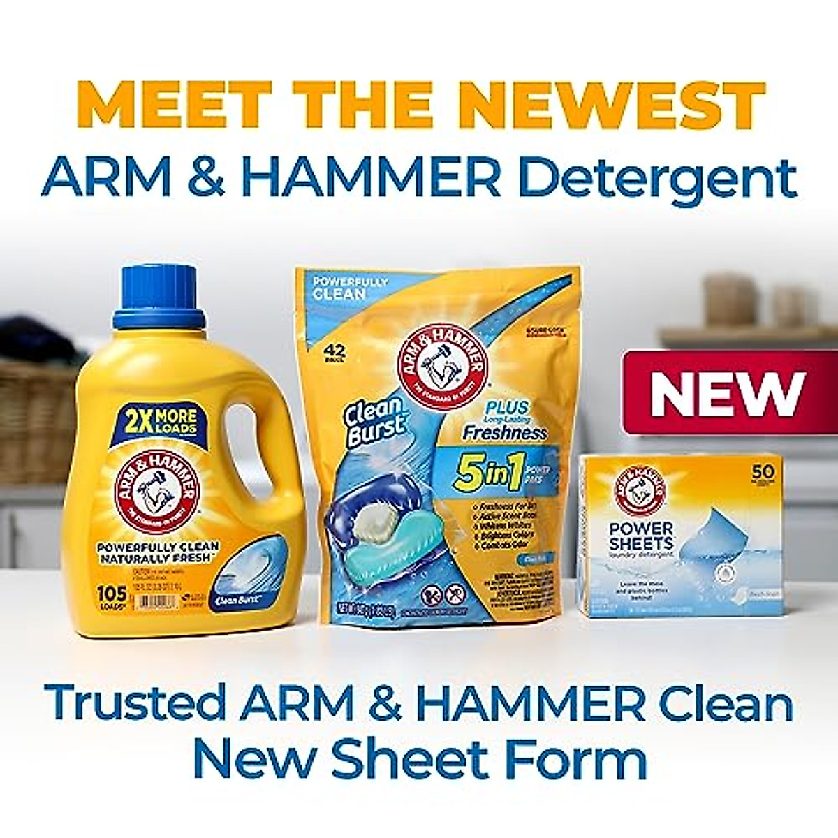 Arm & Hammer Power Sheets Laundry Detergent, Fresh Linen 50ct, up to 100 Small Loads (Packaging may vary)