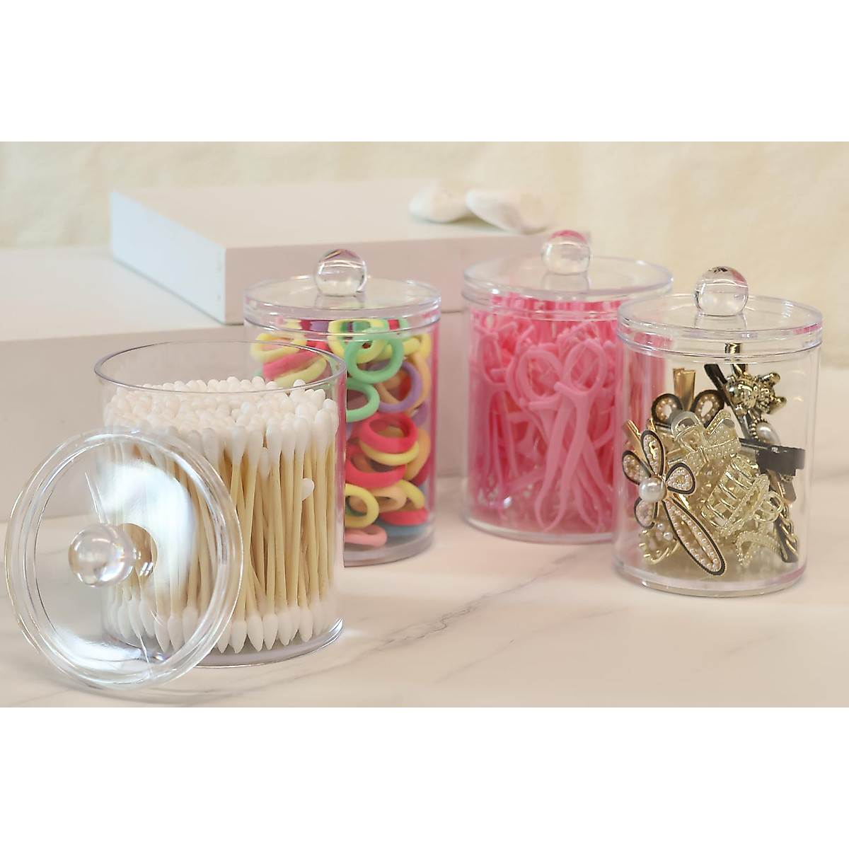 Aynoo 1 Pack Qtip Holder Dispenser Apothecary Jars for Cotton Swabs, Cotton Pads, Floss Picks Vanity Makeup Storage Organizer Set, Clear, 1 Pack, 12 oz