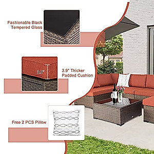 JSUN7 Outdoor Patio Furniture Set, 7 Pieces PE Brown Rattan Wicker Sofa Set, Outdoor Sectional Furniture Conversation Chair Set with Cushions and Tea Table,(Maple Red)