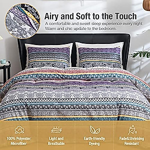 Lekesky Boho Duvet Cover Queen Size, Bohemian Purple Blue Retro Floral Print Comforter Cover Set, 3pcs Luxury Soft Microfiber Bedding Set with Zipper Ties