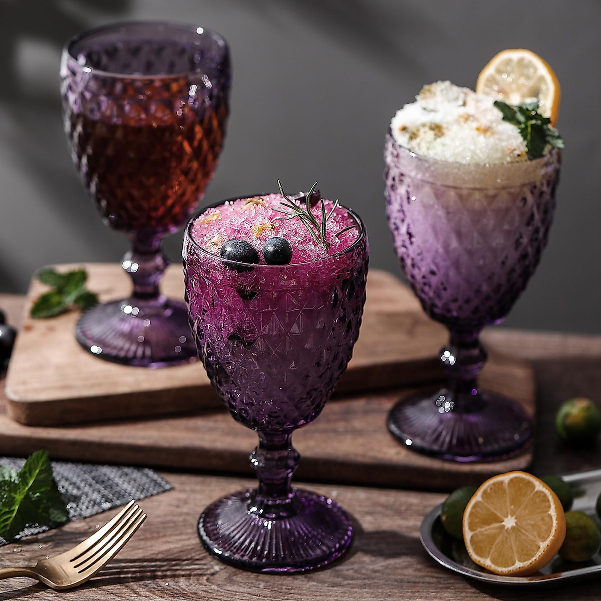 1500° C TABLETOP Purple Colored Goblet Glasses 10 oz. set of 6 Water Goblets Vintage Glassware Embossed with Diamond Pattern for Iced Tea Beverage for Party and Wedding