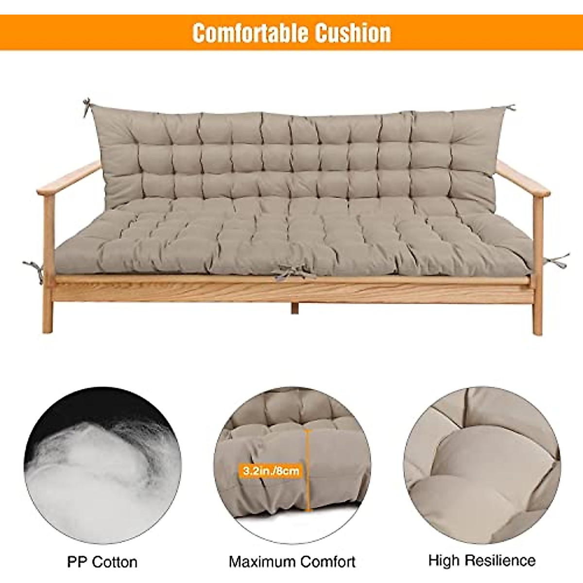 Stonehomy 2-3 Seater Swing Replacement Cushions, Water-Resistant Thick Swing Cushions with Backrest and Non-Slip Ties for Patio Garden Furniture, 60x40 Inches