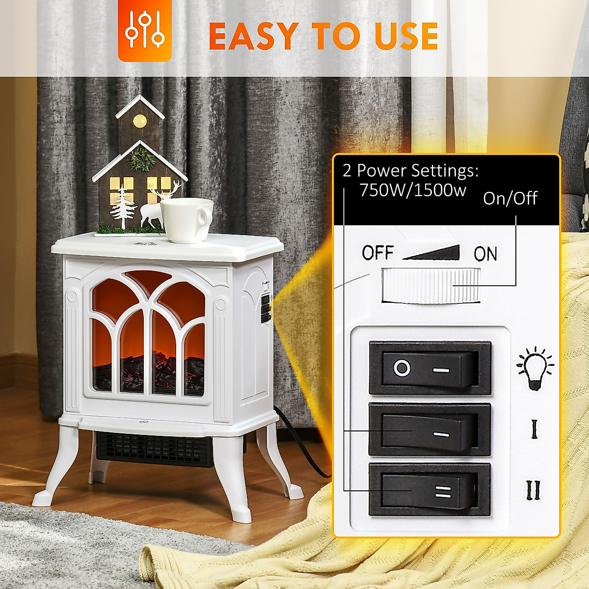 HOMCOM 17" Freestanding Electric Fireplace Stove, Fire Place Heater with Realistic Logs and Flame Effect, Adjustable Temperature, and Overheat Protection, 750W/1500W, White