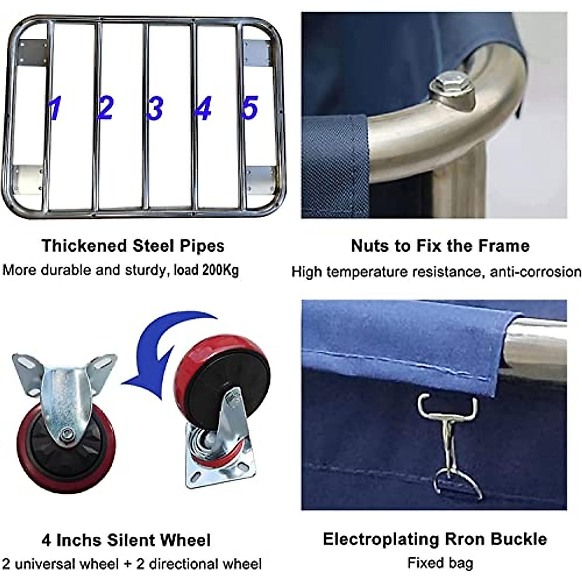 Commercial Laundry Cart, 400L large Laundry Rolling Bins with Removable Waterproof Canvas, Heavy Duty Stainless Steel Laundry Hampers with Wheels for Hotels & Hospital, 440lbs Load (blue1)