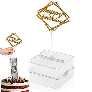 The Money Cake, Cake Money Box-Cake Money Pull Out Kit Includes 1Pc Clear Food-Contact Safe Box, 1Pc Gold Cake Topper, 20Pcs Pockets for Birthday Party Cake Decorations