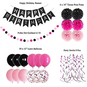 ANSOMO Pink and Black Happy Birthday Party Decorations for Girls Women Banner Hot Pink Balloons Pom Poms Swirls Décor Supplies 13th 16th 18th 20th 30th 40th 50th 60th 70th 80th