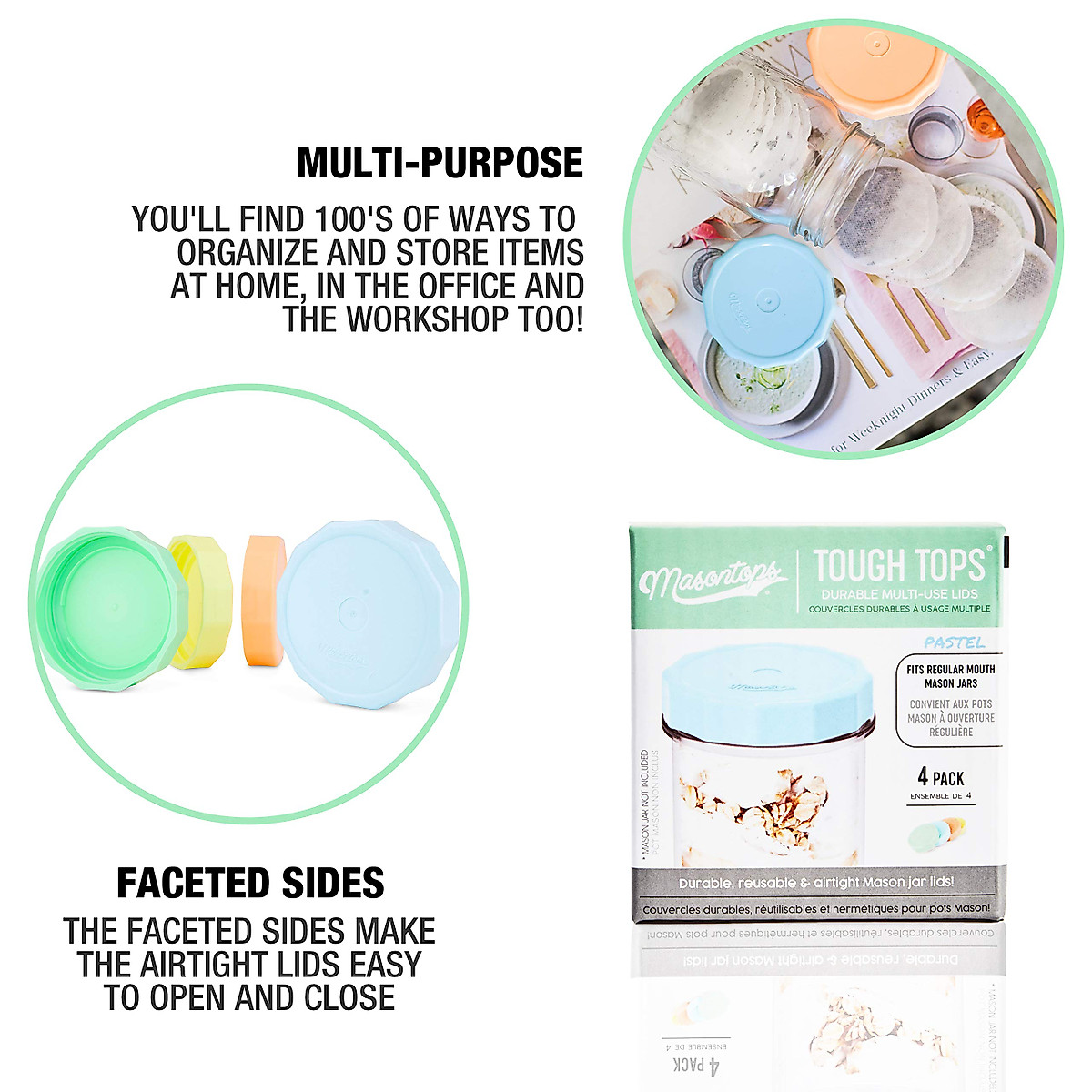 Masontops Tough Tops - Ball Regular Mouth Mason Jar Lids Plastic Leakproof - BPA-Free Multi Colored Plastic Mason Jar Lids - Reusable Dry Canning Lids fit Ball Jars (Ball Mason Jars not included)