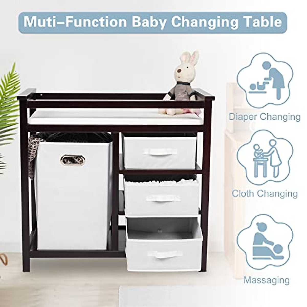 Baby Changing Table - Changing Station with Laundry Hamper, 3 Storage Baskets, and Pad, Multi Storage Nursery Changing Table for Infants or Babies (Dark Brown)