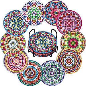 Billbotk Diamond Painting Art Coasters Kits, 10 Pieces Mandala Diamond Painting Coasters with Holder, Arts and Crafts for Adults