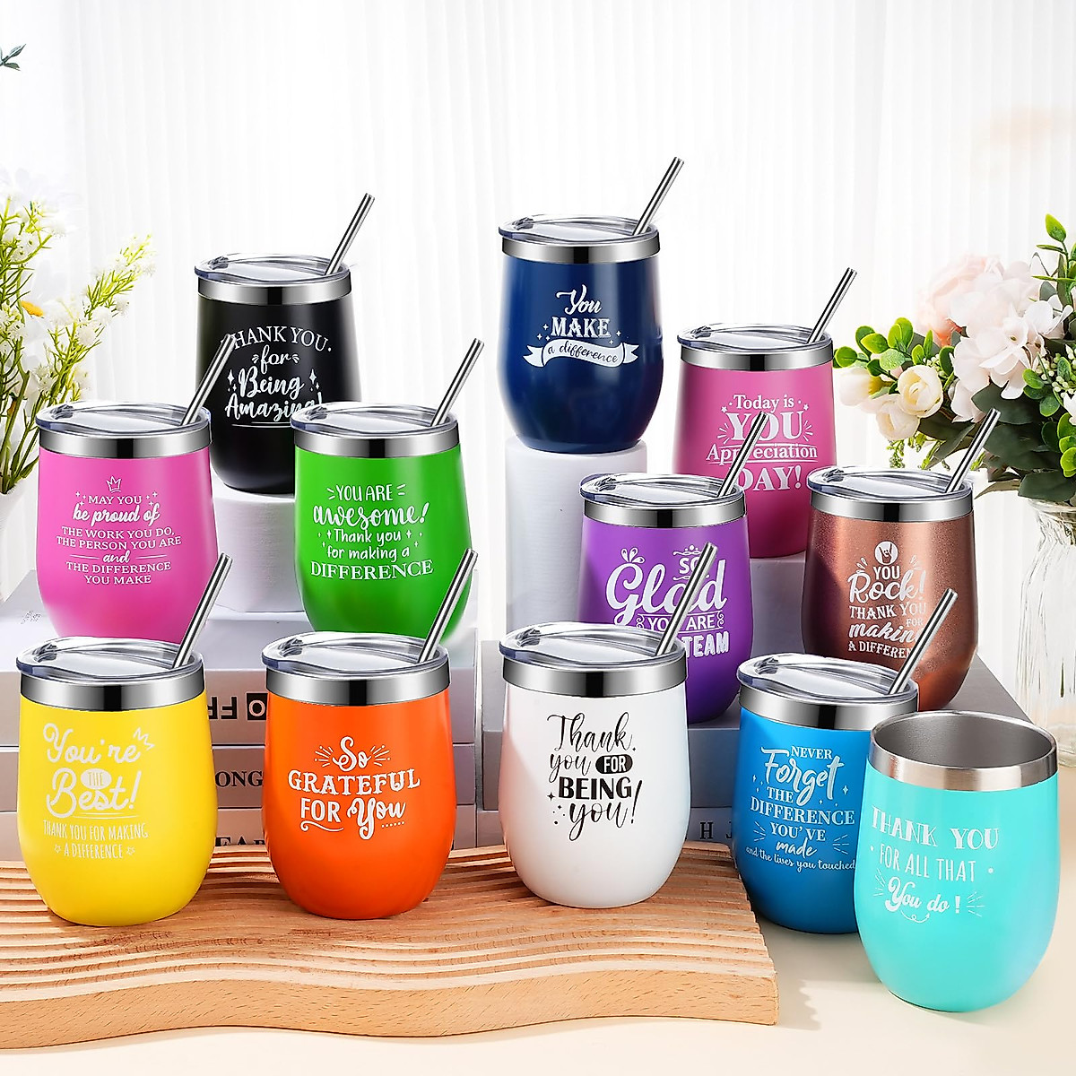 Uiifan 12 Pcs Appreciation Employee Gifts Wine Tumbler Bulk Thank You Team Gift for Staff Office Coworker Women Men 12 oz Inspirational Stainless Steel Insulated Tumbler with Straw
