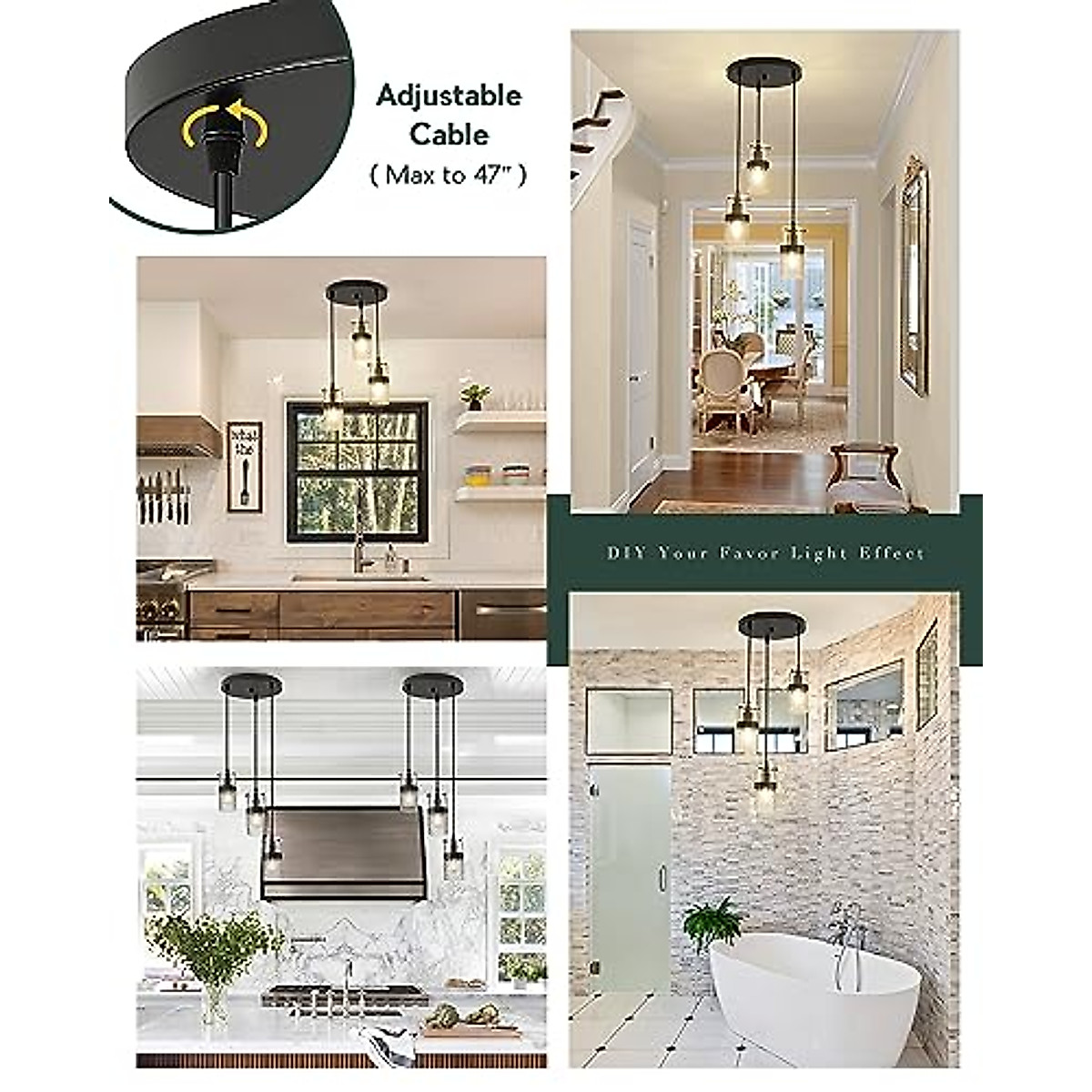 LMS Black 3-Light Pendant Fixtures, Adjustable Kitchen Hanging Light Fixture, Cluster Pendant Lights, LMS-188
