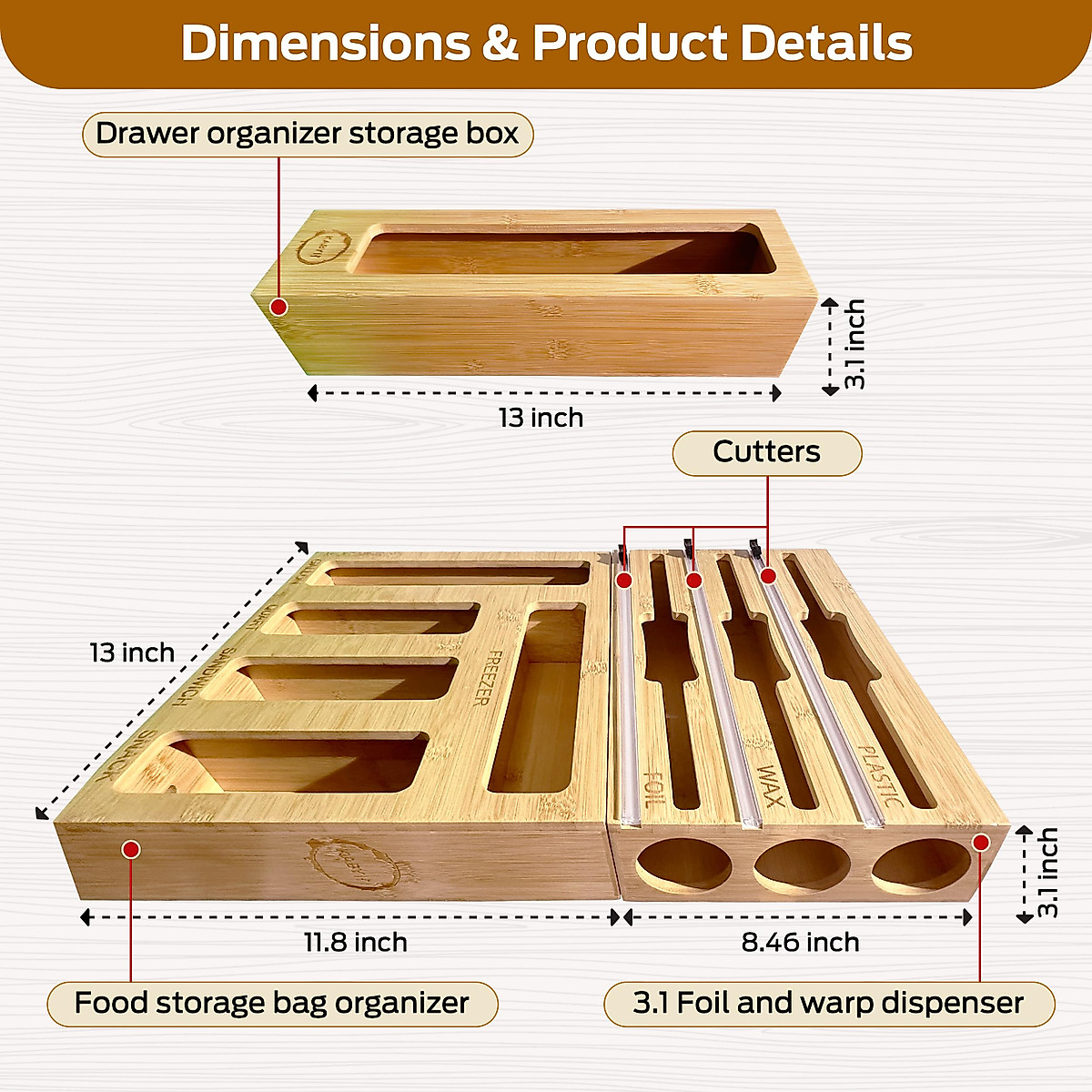 Kaby Storage Bag Organizer, Foil and plastic Wrap Organizer with Cutter, Kitchen Organizers and Storage Compatible with Gallon, Quart, Sandwich, Snack Bags and 12" Aluminum Foil & Wax Paper