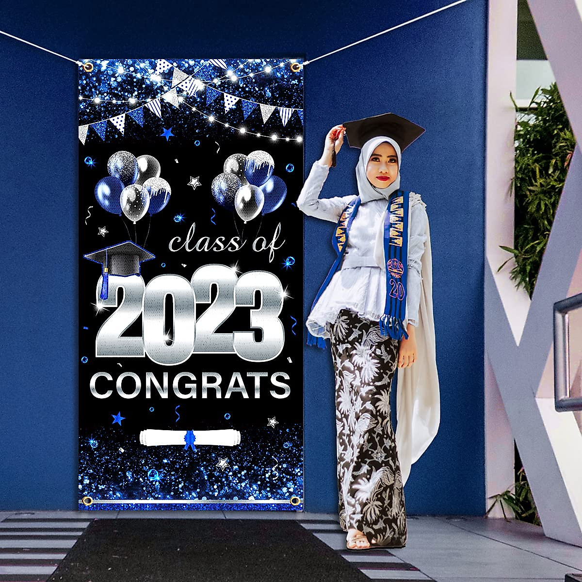 Congrats Grad Banner Decoration- Class of 2023 Large Blue Door Cover Banner Decoration for Graduation Party Supplies (Blue)