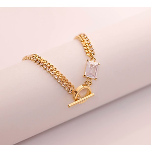 Teitze 18K Gold Plated Link Bracelets Zirconia Trendy Bracelet Dainty Chain Bracelet for Women Mother Gift (Emerald, Yellow Gold)