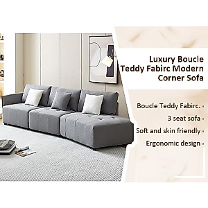 Eafurn 120" Teddy Fleece Curved Chaise Lounge,Free Combination Modular Sectional Set,3 Seater Button Tufted Comfy Sofa & Couches for Living Room Bedroom Apartment with 3 Pillows, Gray