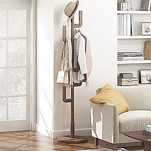 KASLANDI Coat Rack,Unique Design Cactus Coat Rack Freestanding，FAS Grade Rubber Wood,Adjustable Height Wooden Coat Rack Stand with 6 Hooks, Coat Tree Easy to Assemble (Walnut)