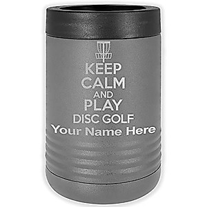 LaserGram Double Wall Insulated Beverage Can Holder, Keep Calm and Play Disc Golf, Personalized Engraving Included (Standard Can, Gray)