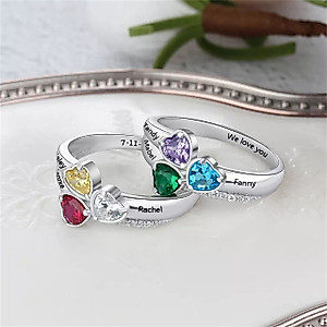 YOOSHINING Personalized Mothers Ring 925 Sterling Silver Rings Mothers Ring with 3 Birthstones Custom Birthstone Rings for Mothers Women Heart Ring for Birthday Wedding Anniversary Mothers Day Gifts