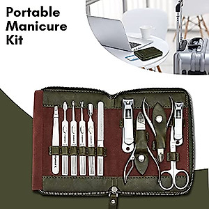 FAMILIFE Manicure Set, Nail Kit 11 in 1 Gifts for Men him Pedicure Kit Stainless Steel Mens Manicure Kit Professional Leather Pedicure Tools Mens Grooming Kit with Dark Green Travel Case Nail Clippers