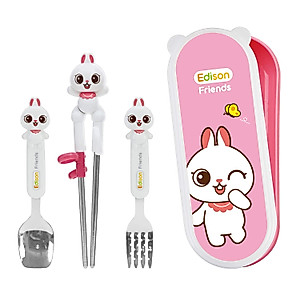 Edison Friends Rabbit Stainless Steel Chopsticks, Spoon, Fork and Case 4 Set, Chopsticks Training, Beginner, Brain Training (White Rabbit) Right Handed/Made in Korea