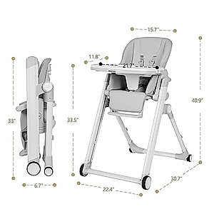 High Chair for Babies & Toddlers, Foldable Highchair with 8 Different Heights, 5 Reclining Seat Position and 3-Setting Footrest, Detachable Trays & Seat Cushion, 4 Wheels with Locks, Installation-Free